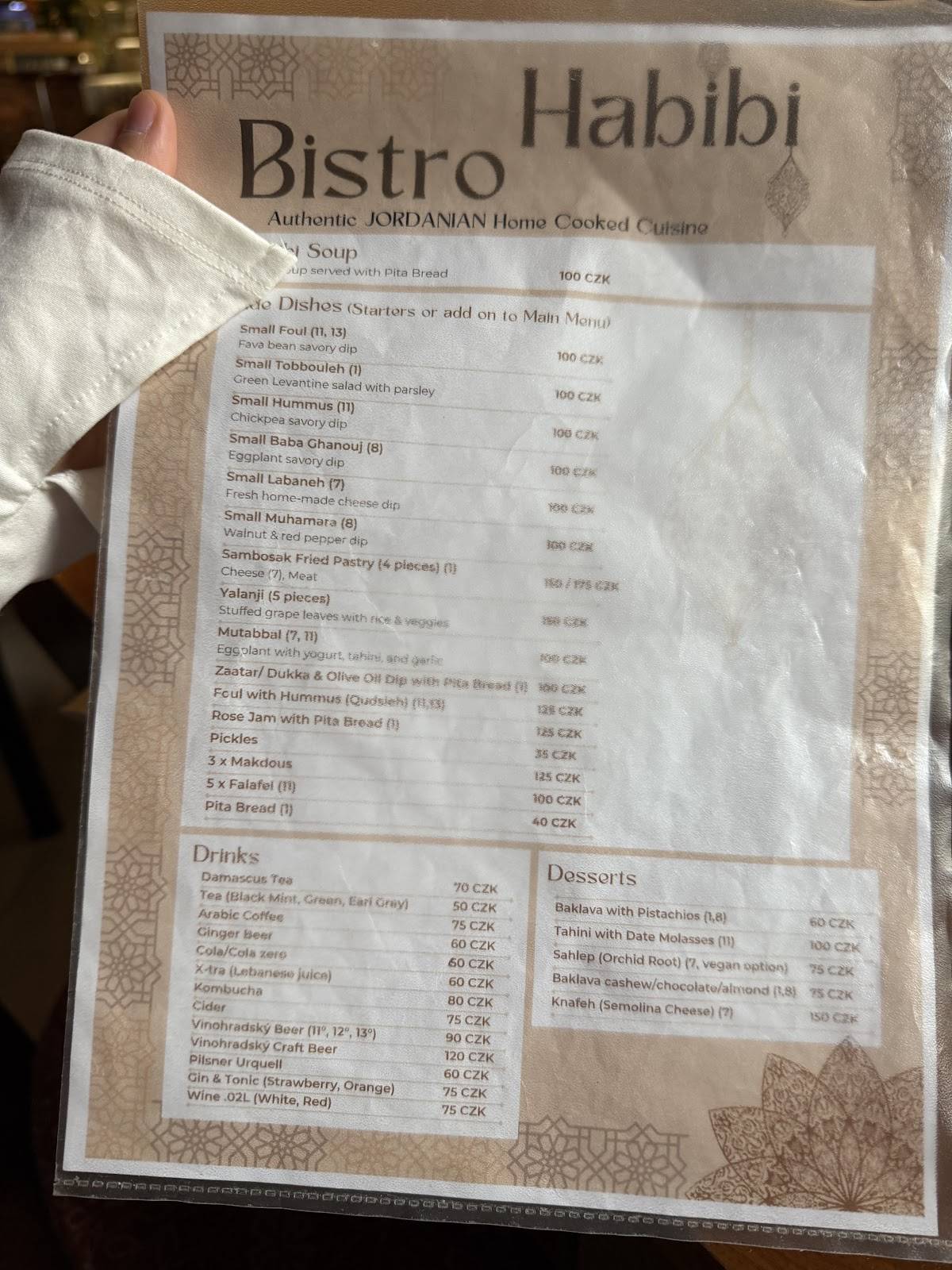 Menu at Bistro Habibi restaurant, Prague, Vratislavova 21/1