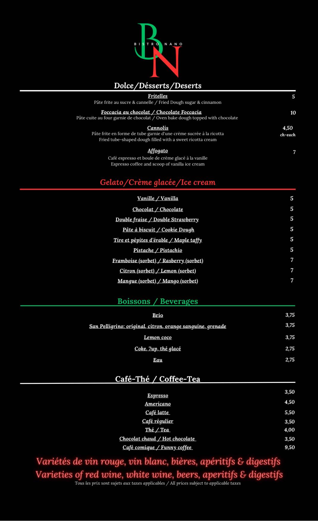 Menu at Bistro Nano restaurant, Val-David