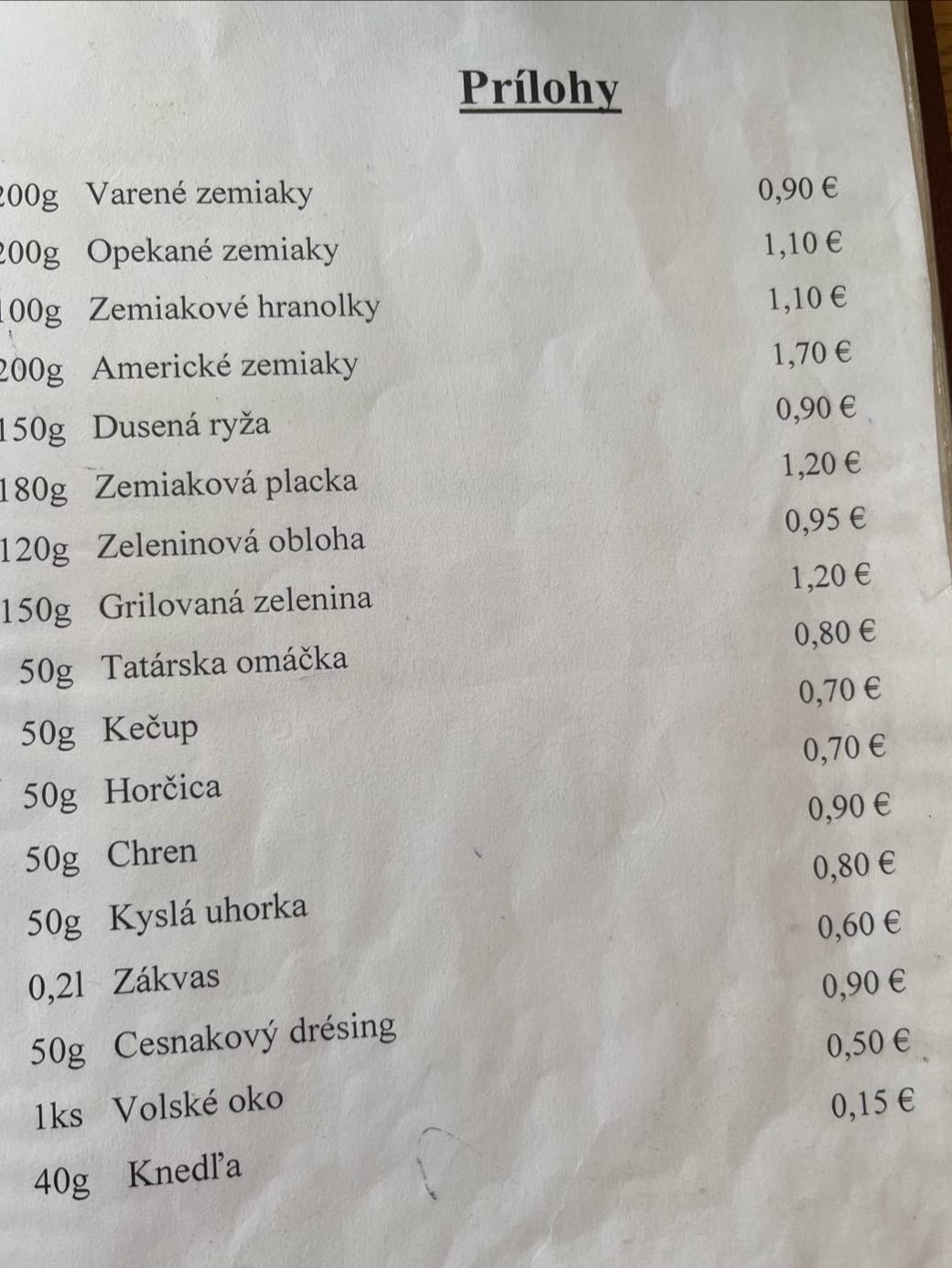Menu at Bistro Oáza restaurant, Šuja
