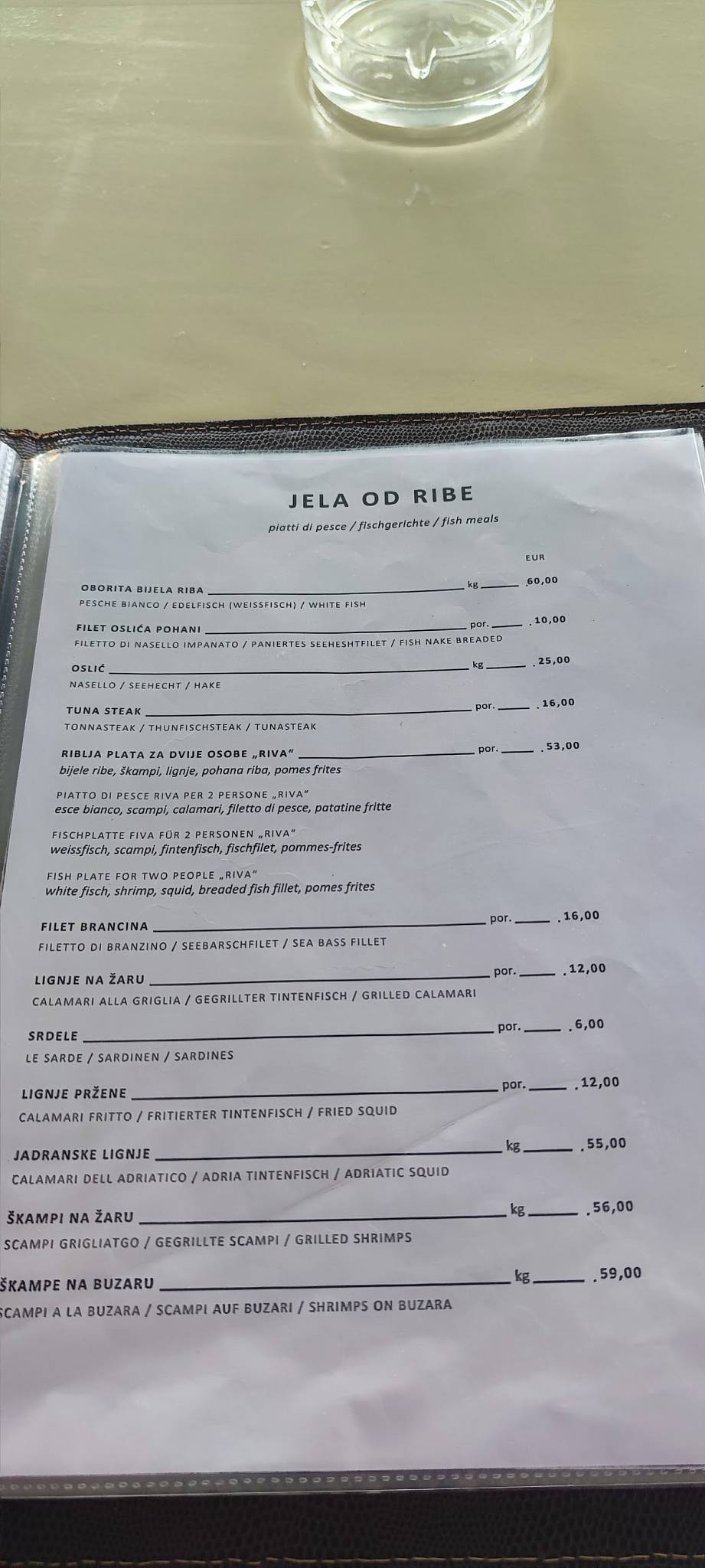 Menu at Bistro Riva restaurant, Sveti Juraj