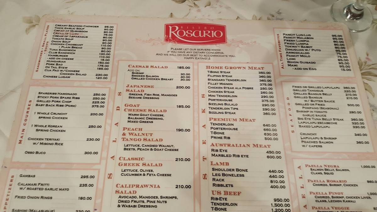 Menu at Bistro Rosario restaurant, Davao City, 247 F. Torres St