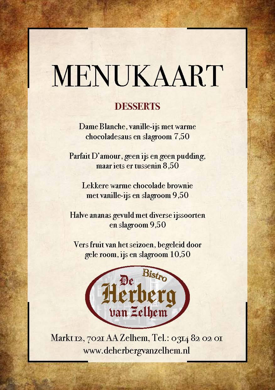 Menu at Bistro de Herberg van Zelhem, Zelhem