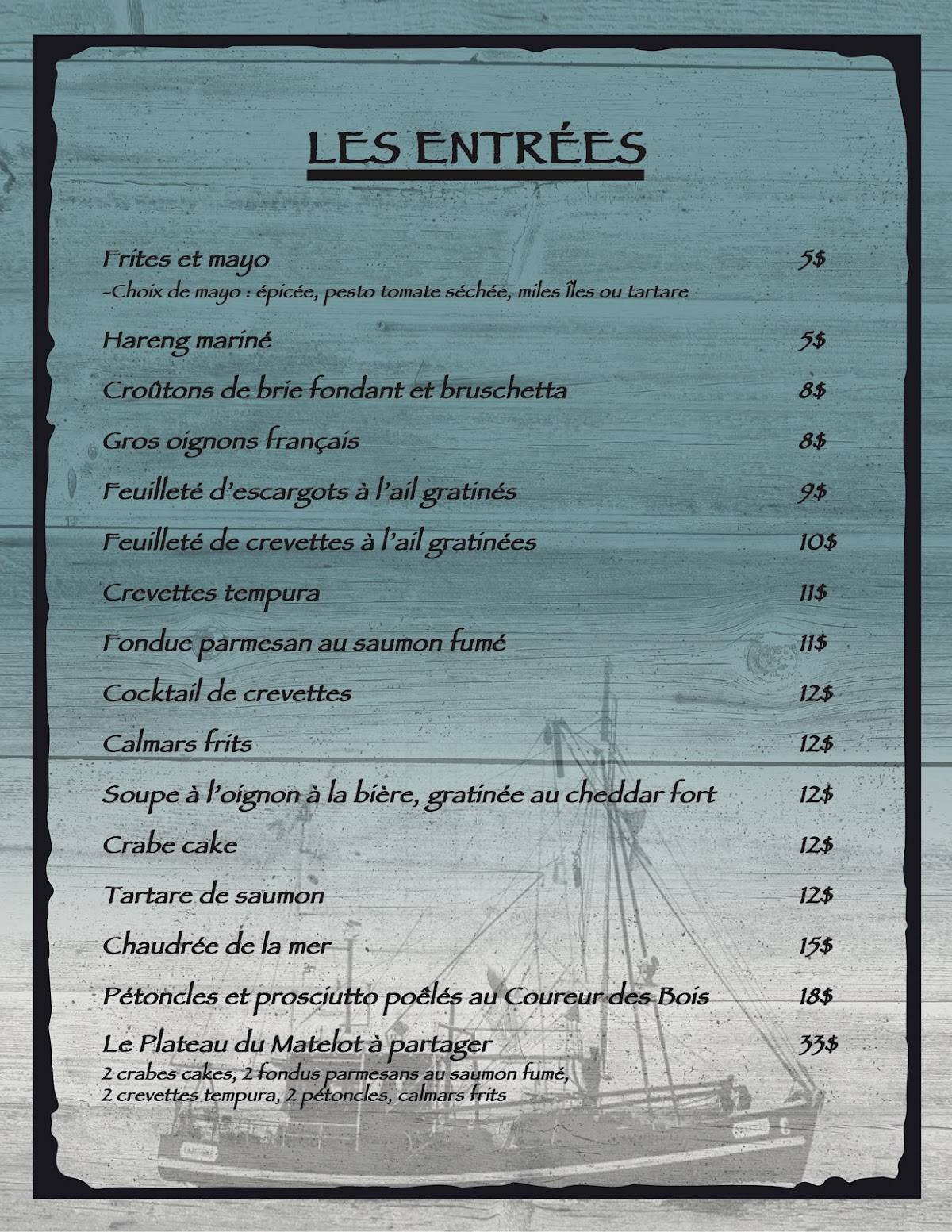 Menu au Bistro du Capitaine restaurant, Matane