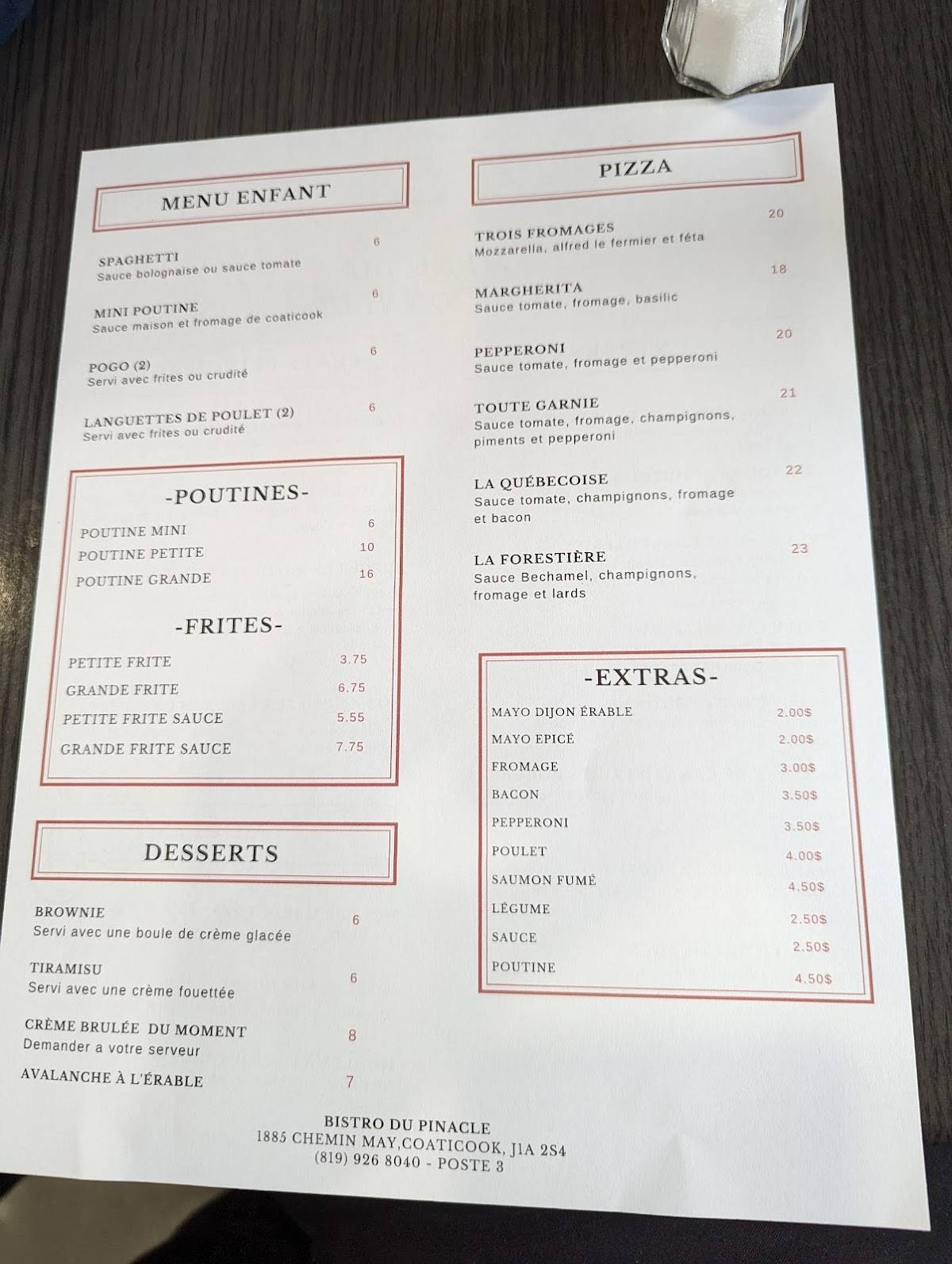 Carta del pub y bar Bistro du Pinacle, Coaticook