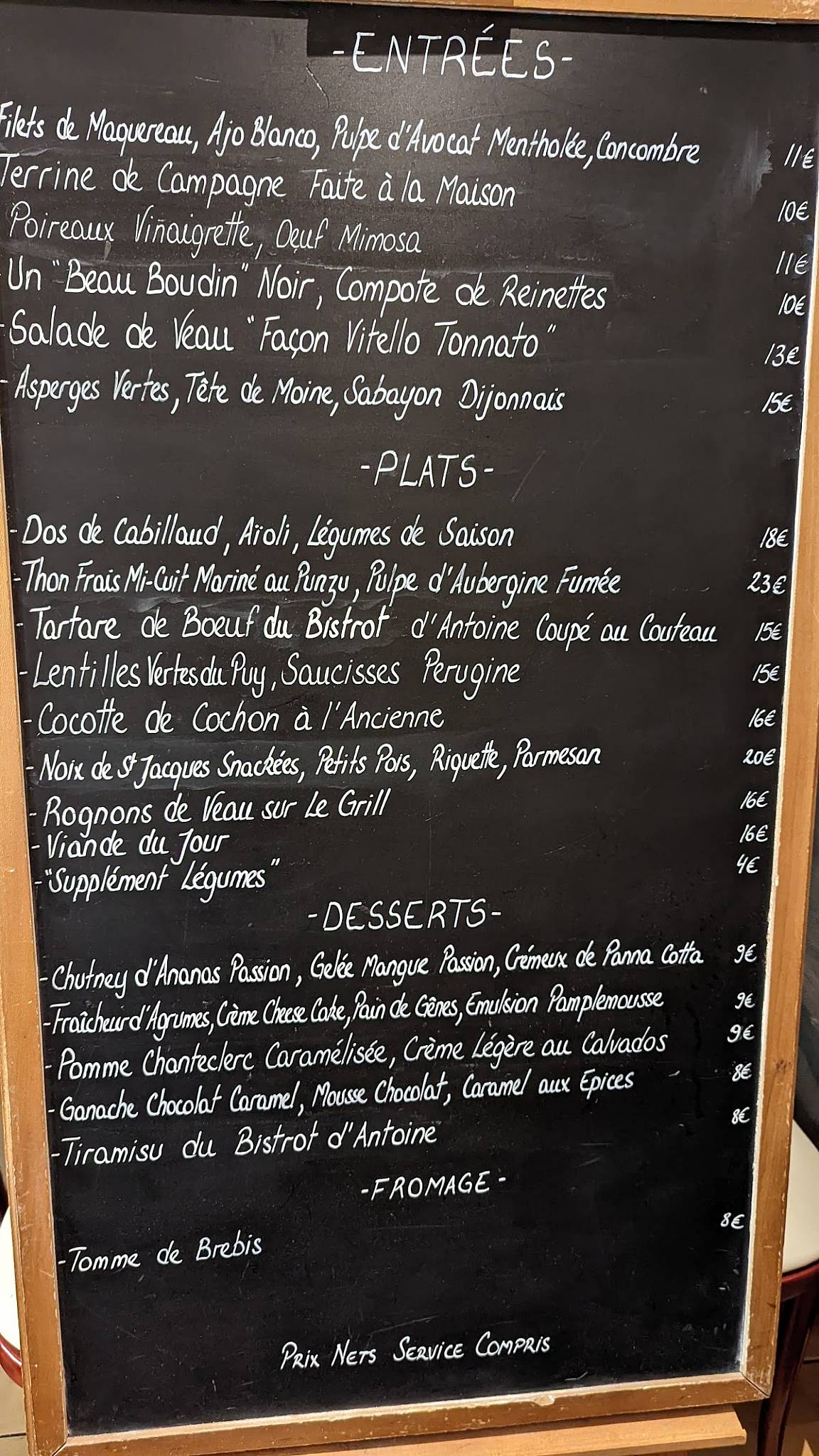 Menu at Bistrot d'Antoine restaurant, Nice