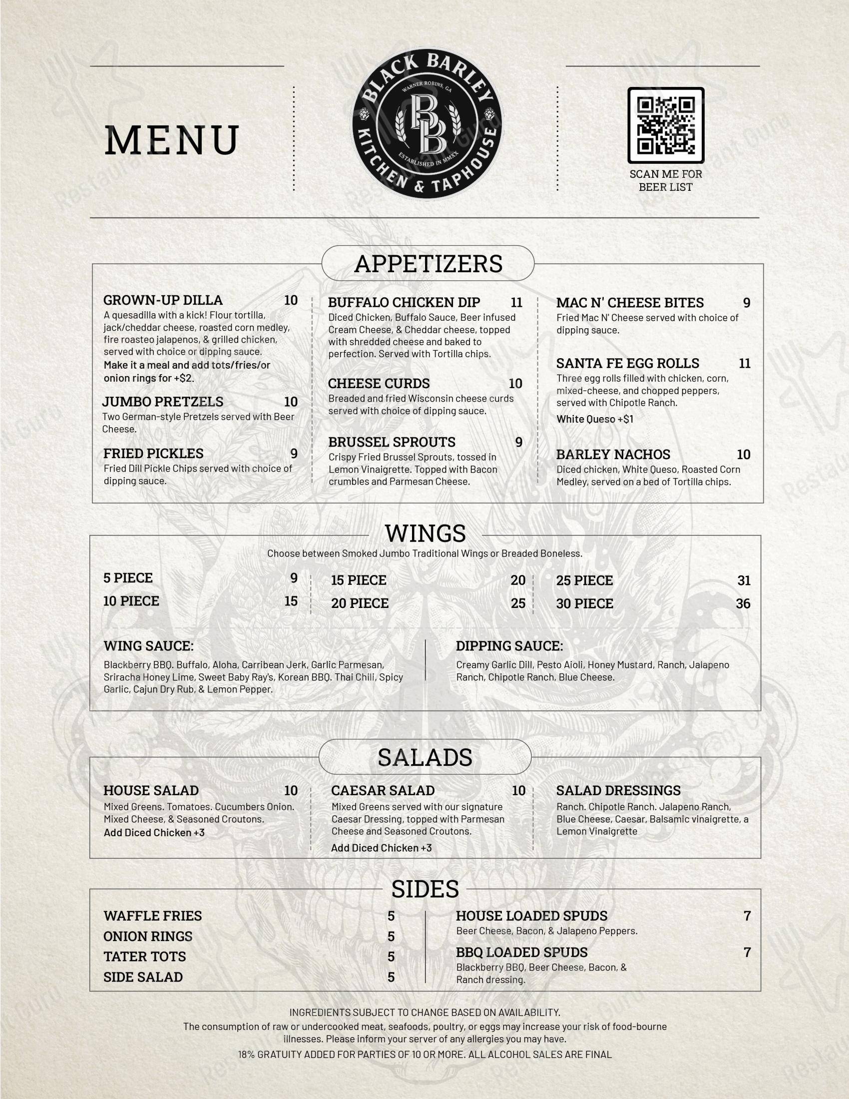 Carta de Black Barley Kitchen & Taphouse, Warner Robins