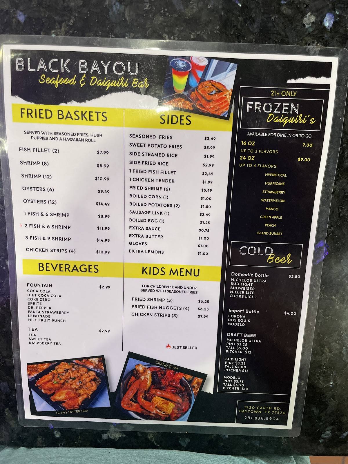 Menu at Black Bayou restaurant, Baytown