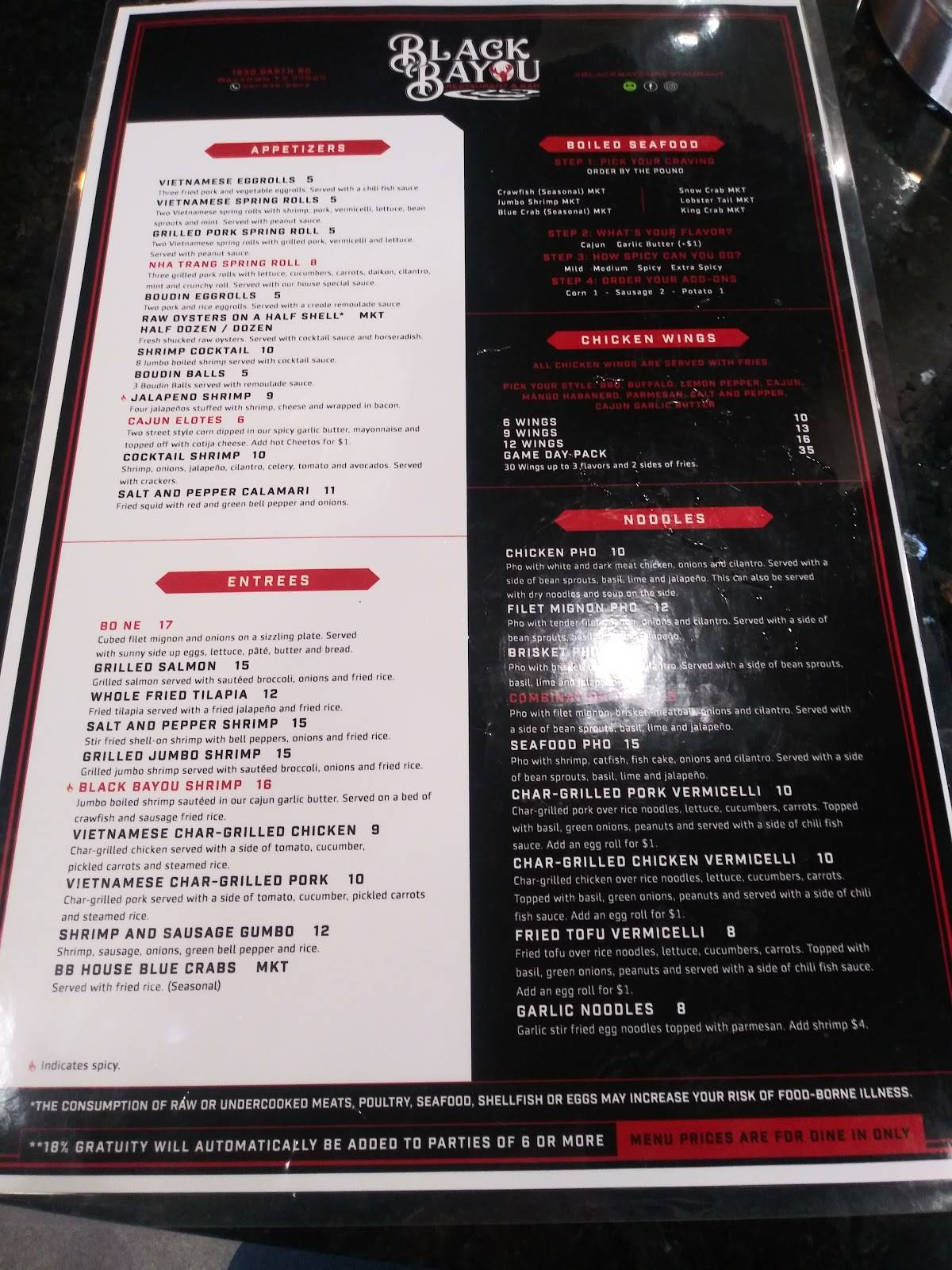 Menu at Black Bayou Seafood & Daiquiri Bar, Baytown