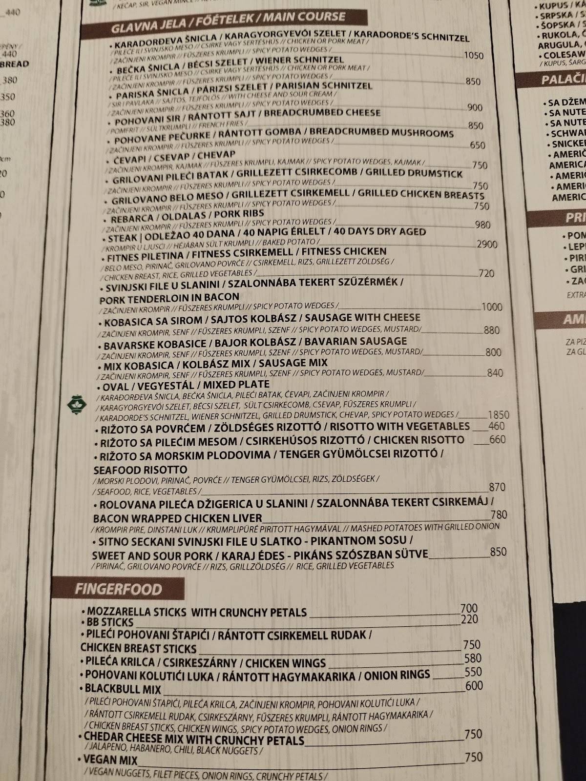 Menu at Black Bull restaurant, Senta