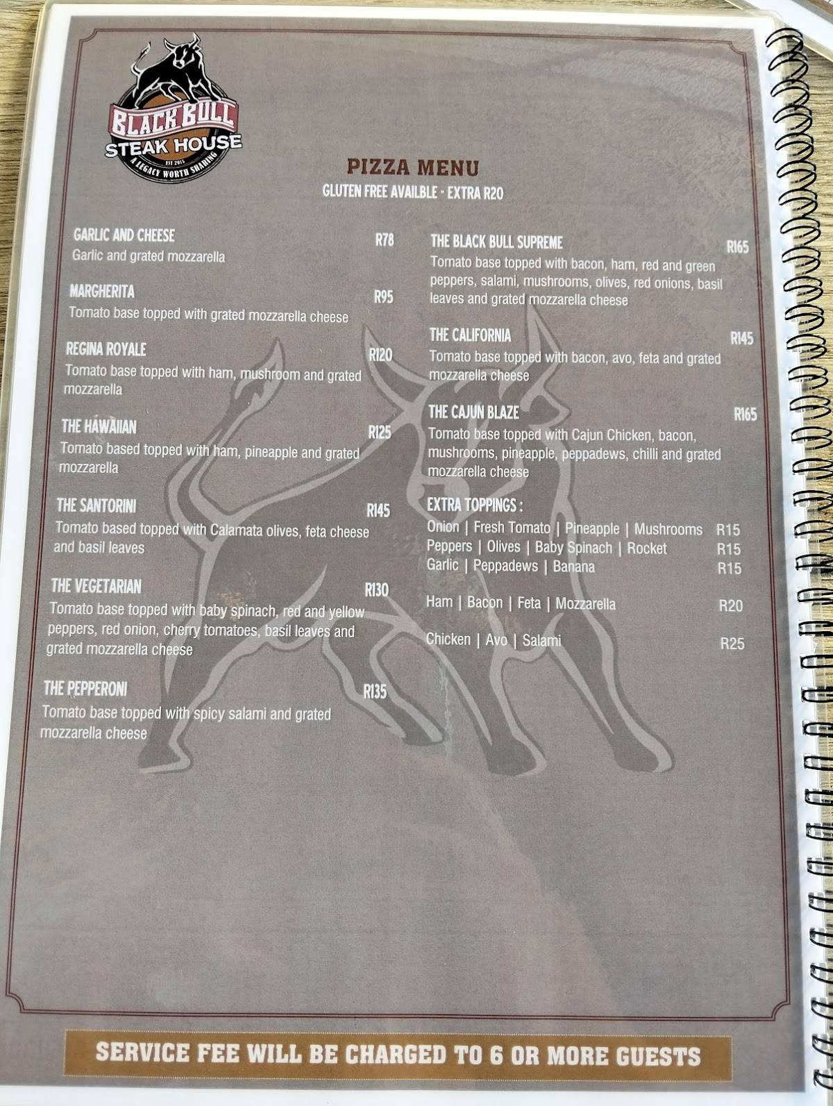 Menu at Black Bull Steakhouse, Cape Town