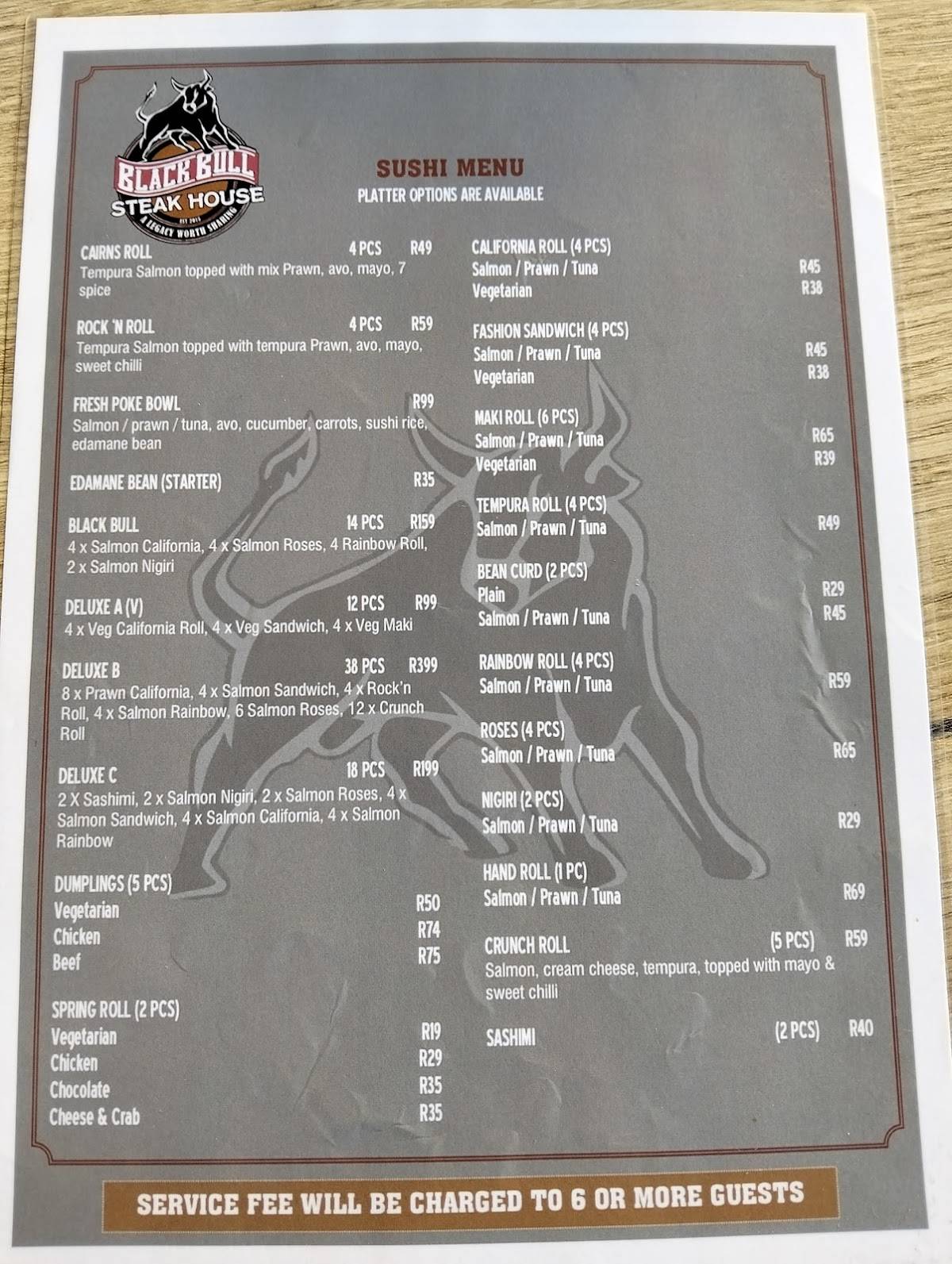 Menu at Black Bull Steakhouse, Cape Town