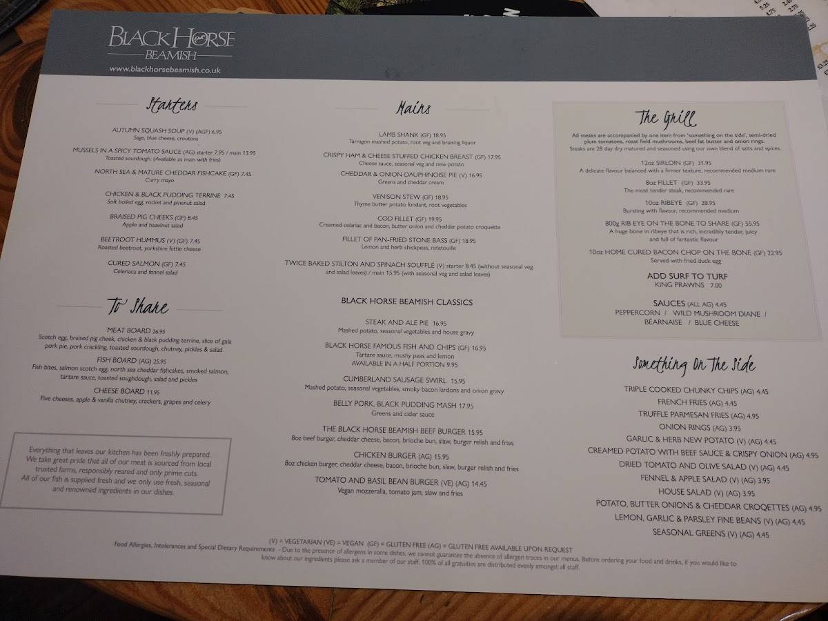 Menu at Black Horse Beamish pub & bar, Stanley, Red Row