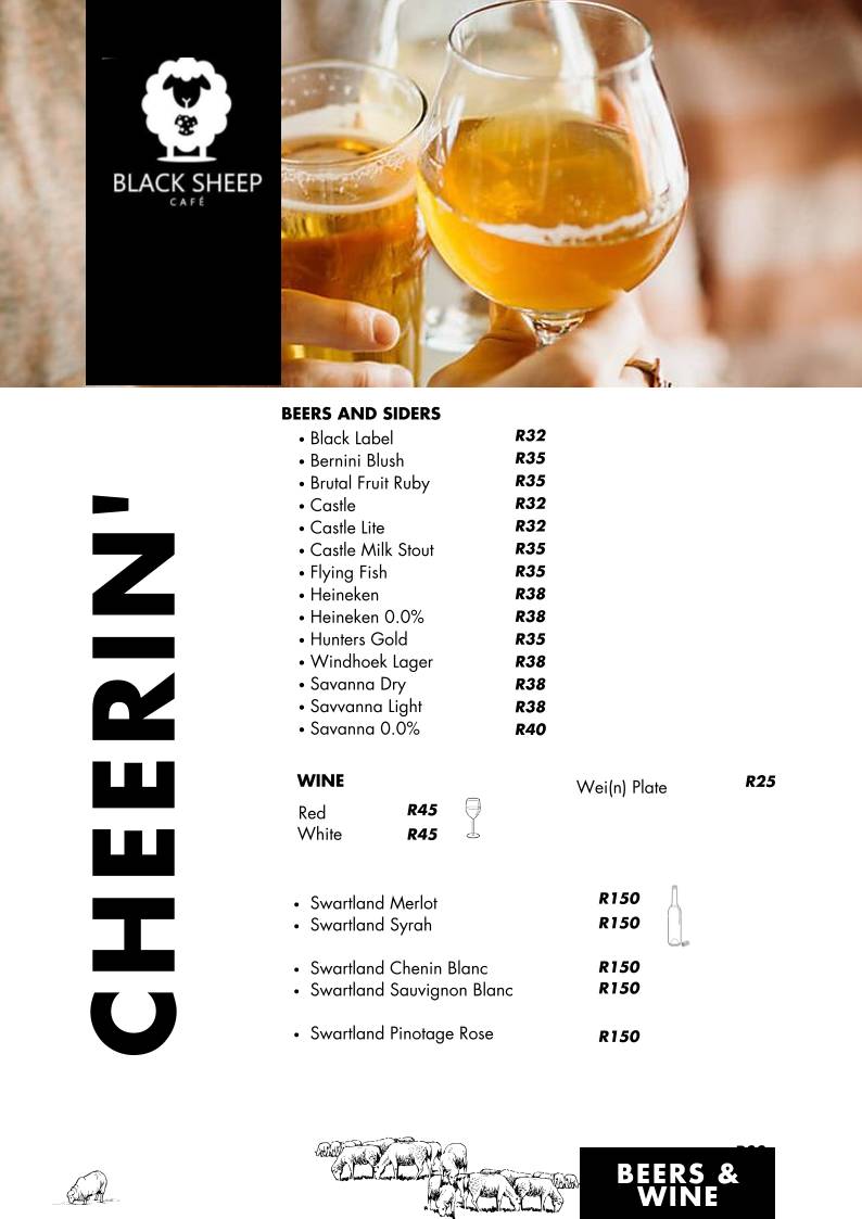 Menu at Black Sheep Café restaurant, Bloemfontein