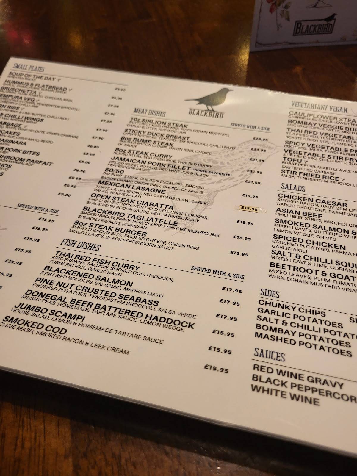 Menu at Blackbird pub & bar, Londonderry