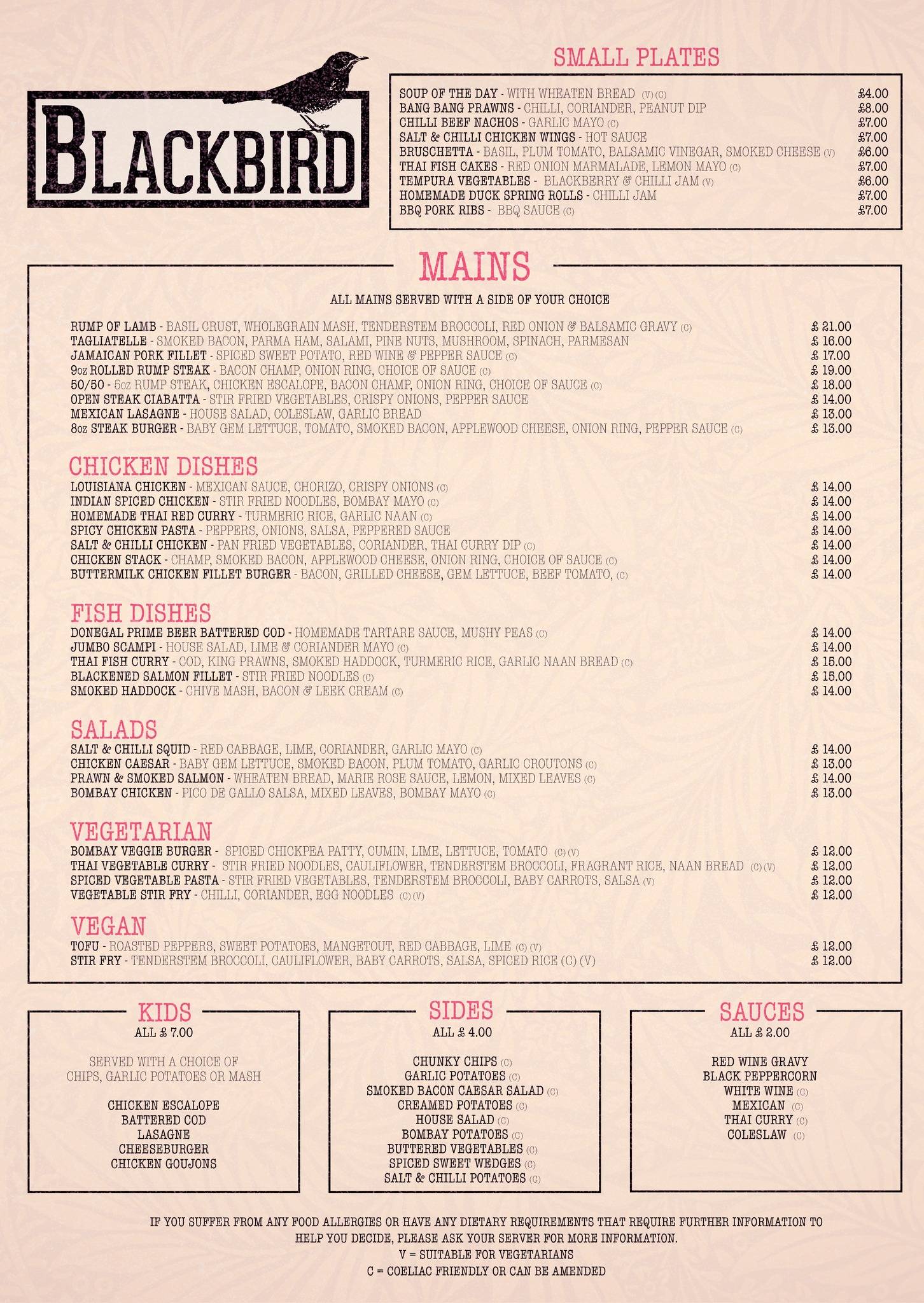 Menu at Blackbird pub & bar, Londonderry