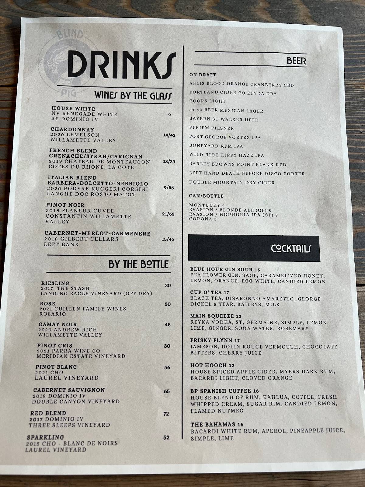Menu at Blind Pig restaurant, Carlton