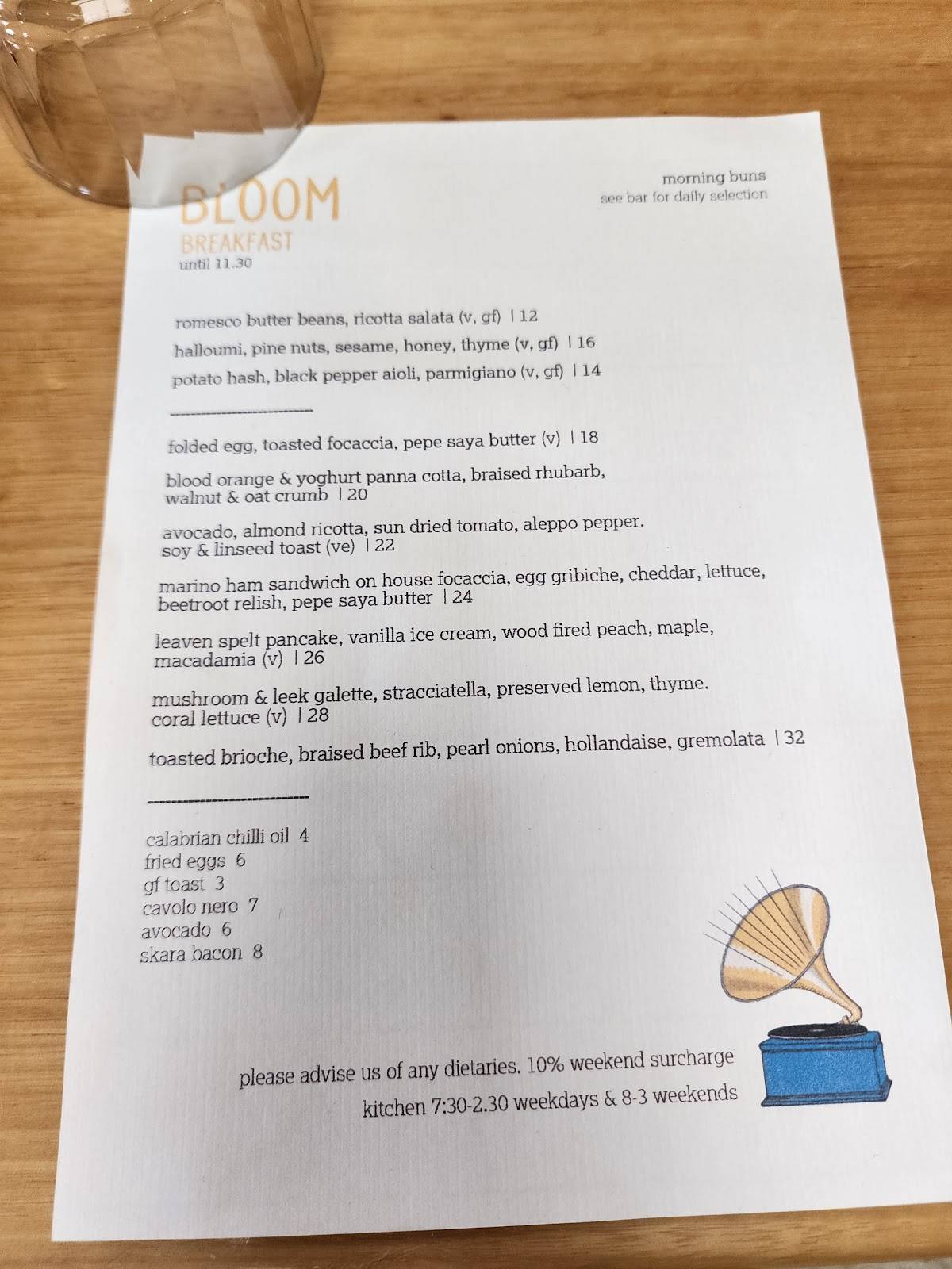 Menu at Bloom cafe, Thebarton