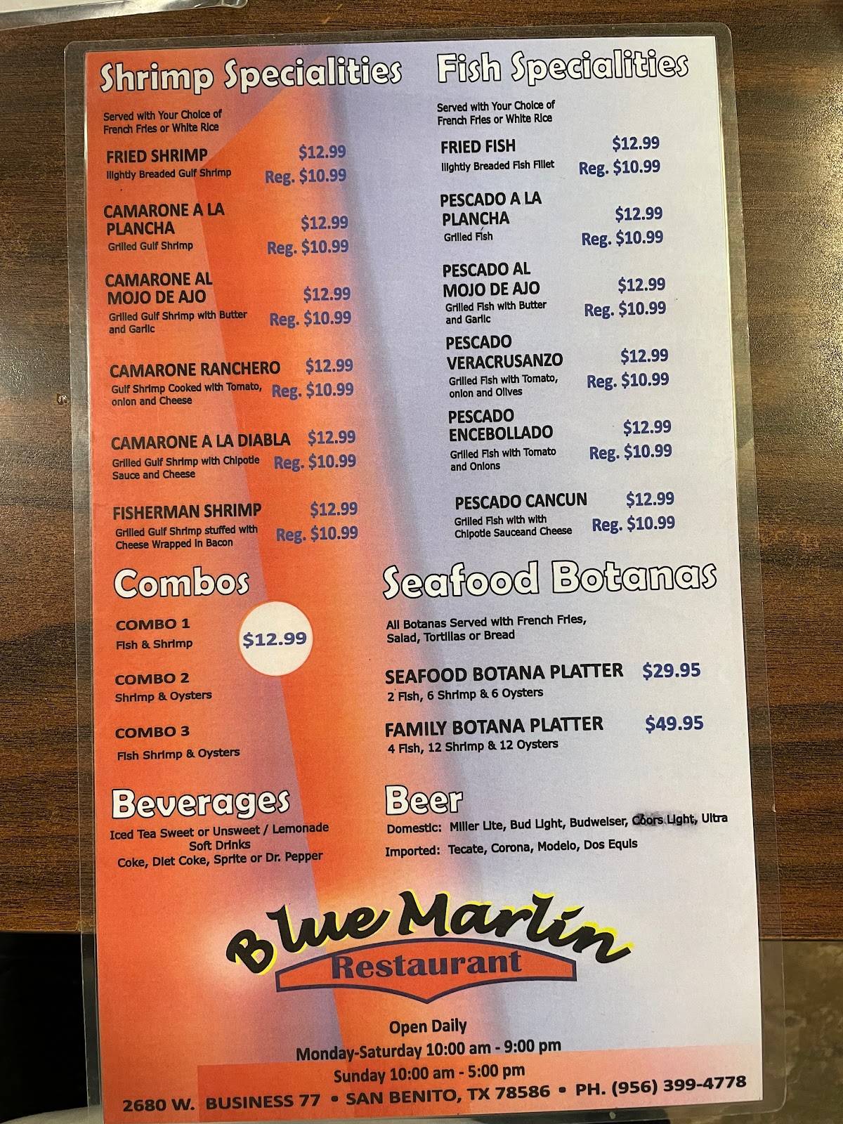 Carta de Blue Marlin Restaurant, San Benito, US-77