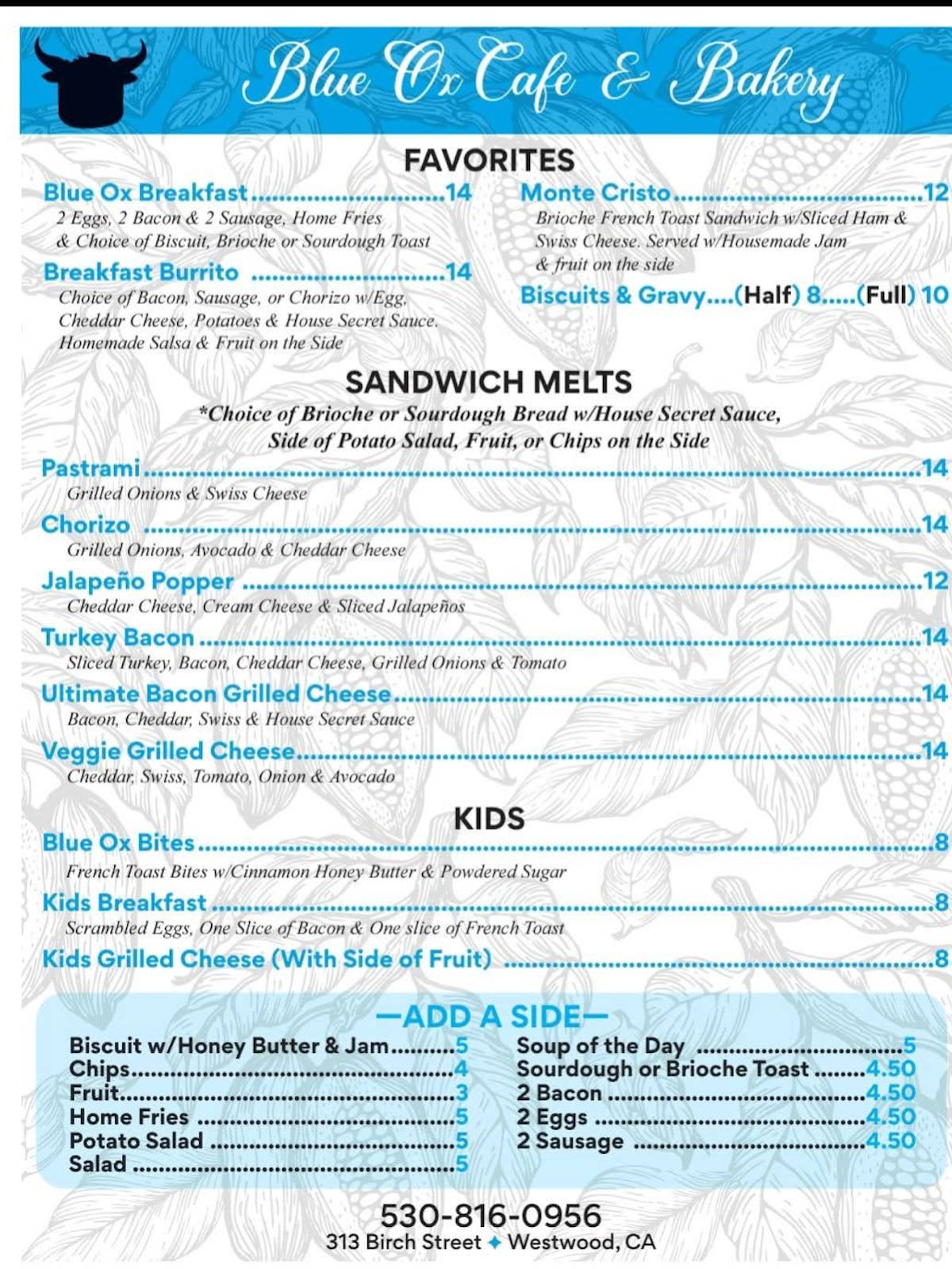 Menu at Blue Ox Cafe, Westwood