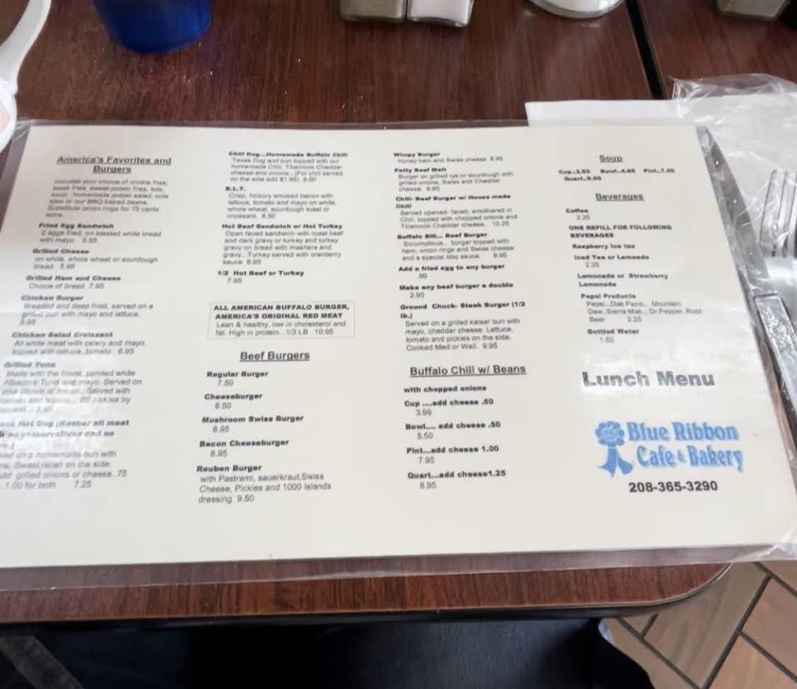 Menu at Blue Ribbon Café & Bakery, Emmett