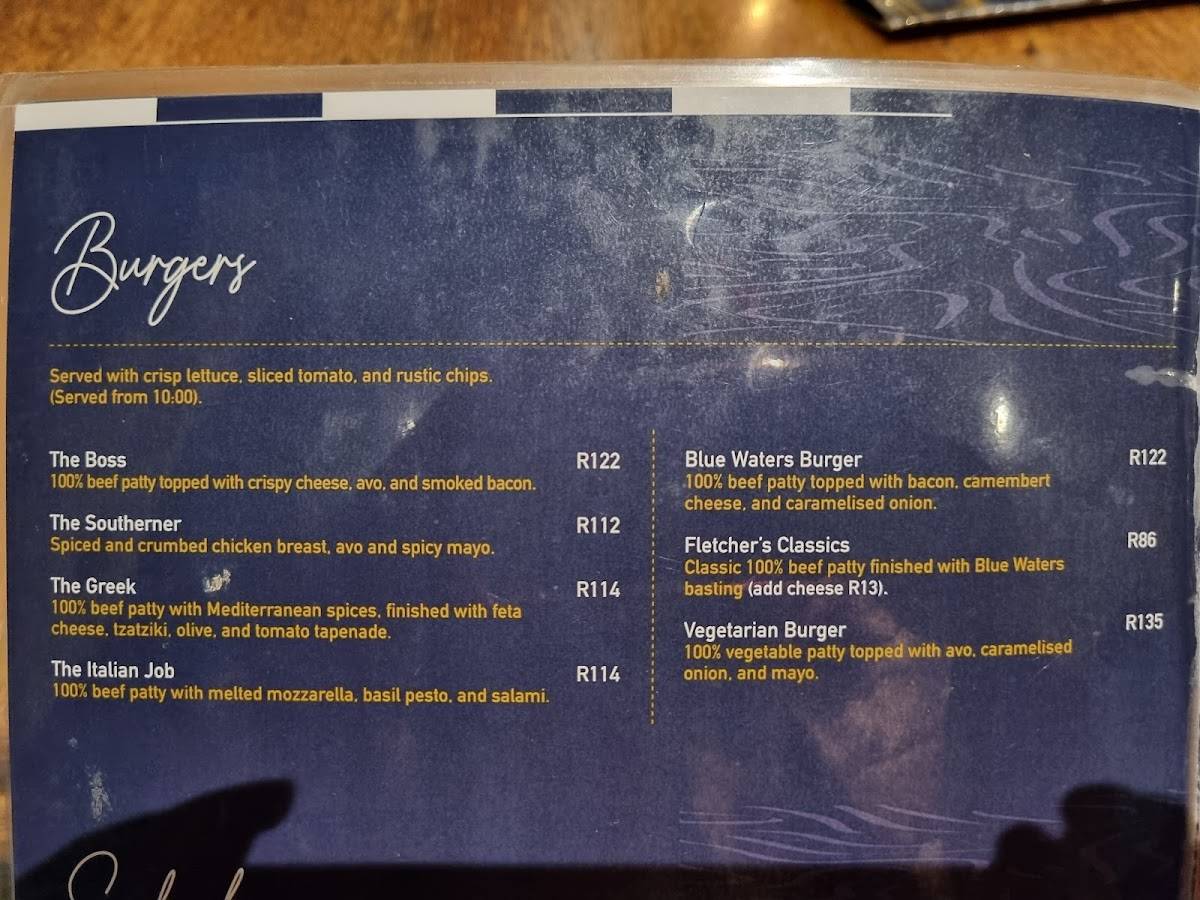 Menu at Blue Waters Café restaurant, Port Elizabeth, 7 The Beachfront ...
