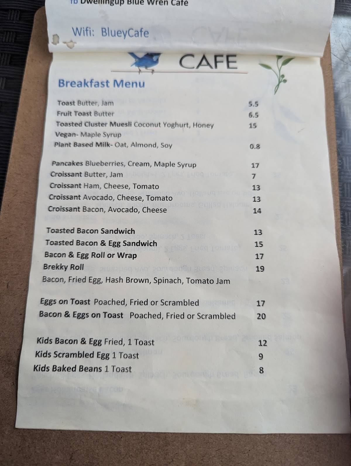 Menu at Blue Wren Cafe Dwellingup, Dwellingup
