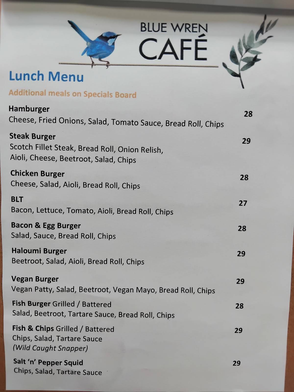 Menu at Blue Wren Cafe Dwellingup, Dwellingup