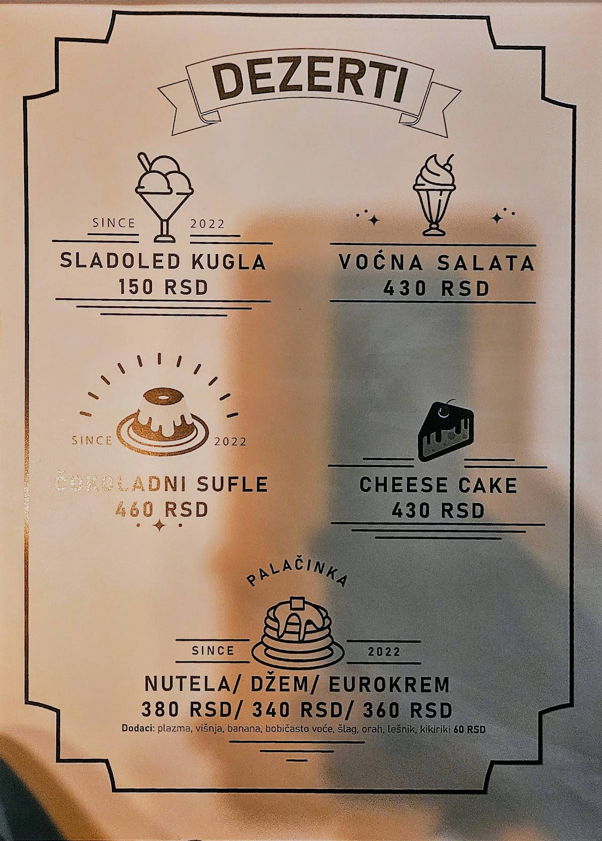 Menu at Blue wave caffe restaurant, Belgrade