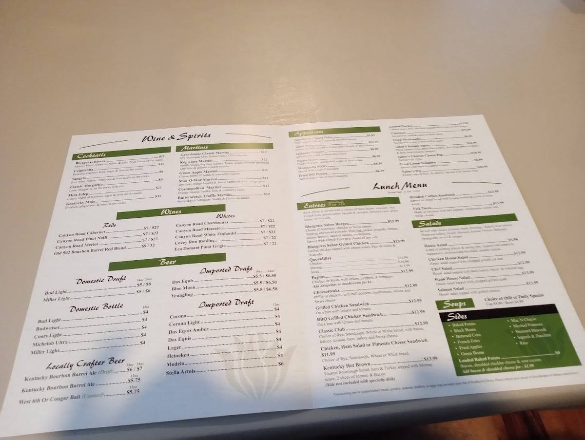 Menu at Bluegrass Sabor restaurant, Lawrenceburg, Chico Drive