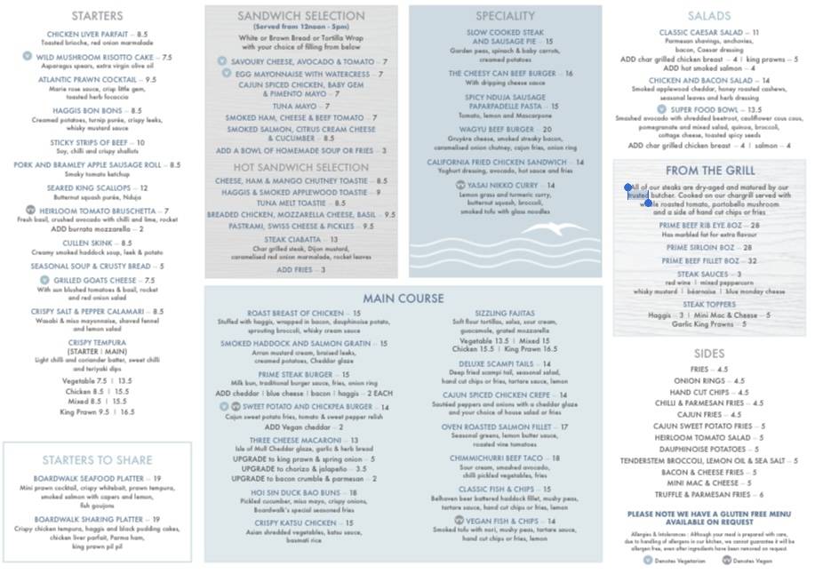 Menu at Boardwalk restaurant, Falkirk