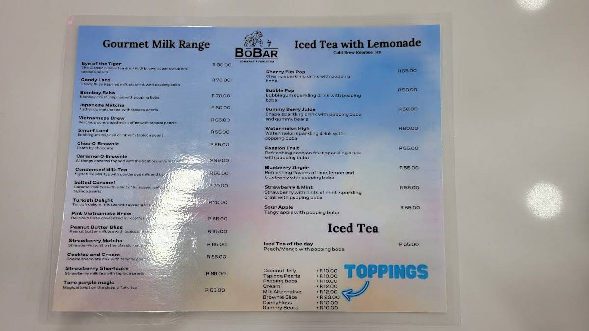 Menu at Bobar Gourmet BubbleTea(halaal) -Florida Road, Durban
