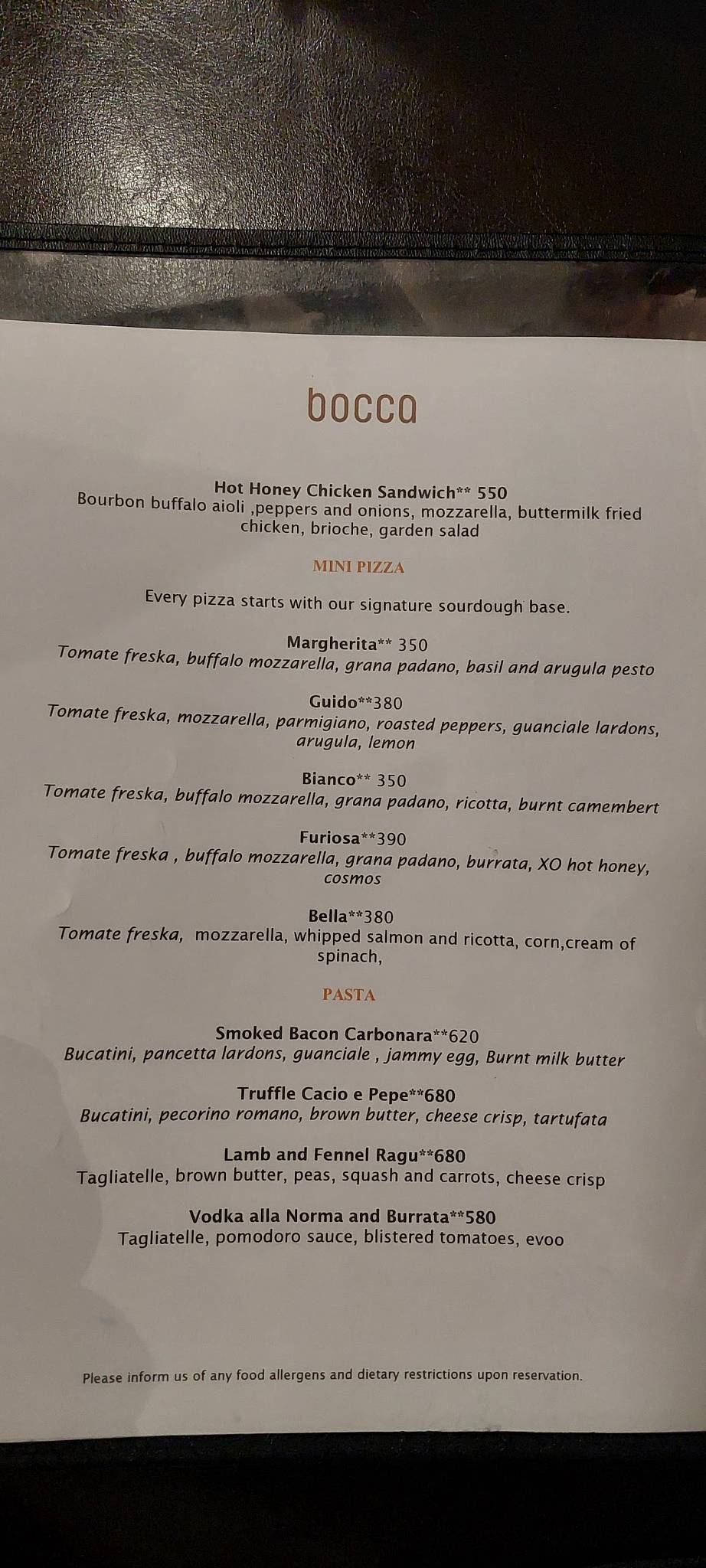 Menu at Bocca restaurant, Quezon City