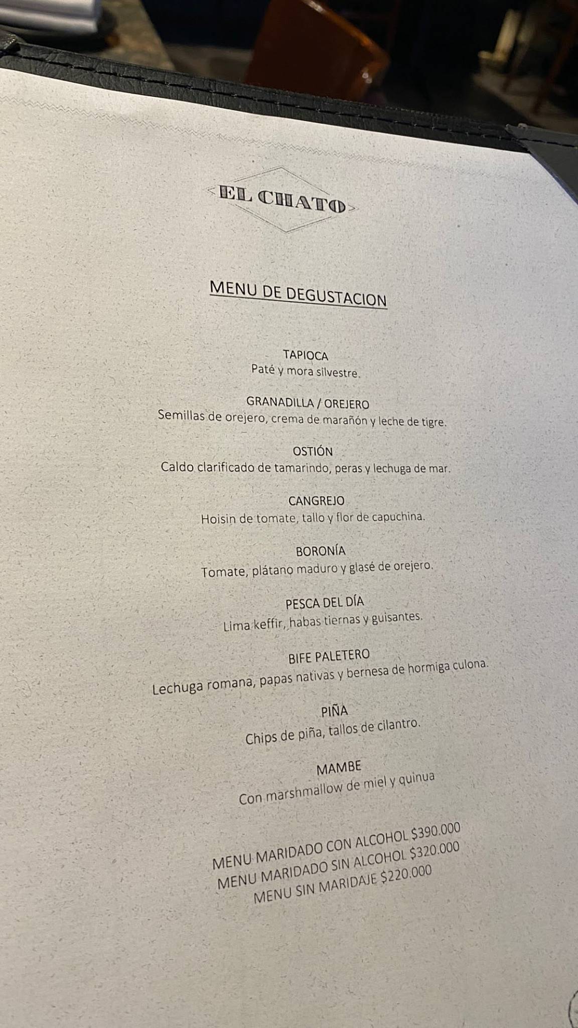 Carta del restaurante El Chato, Bogotá