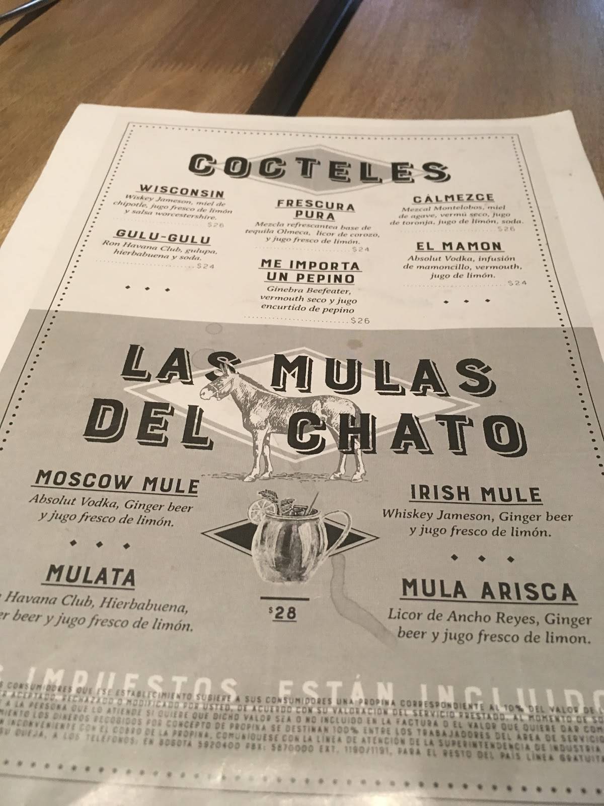 Carta del restaurante El Chato, Bogotá