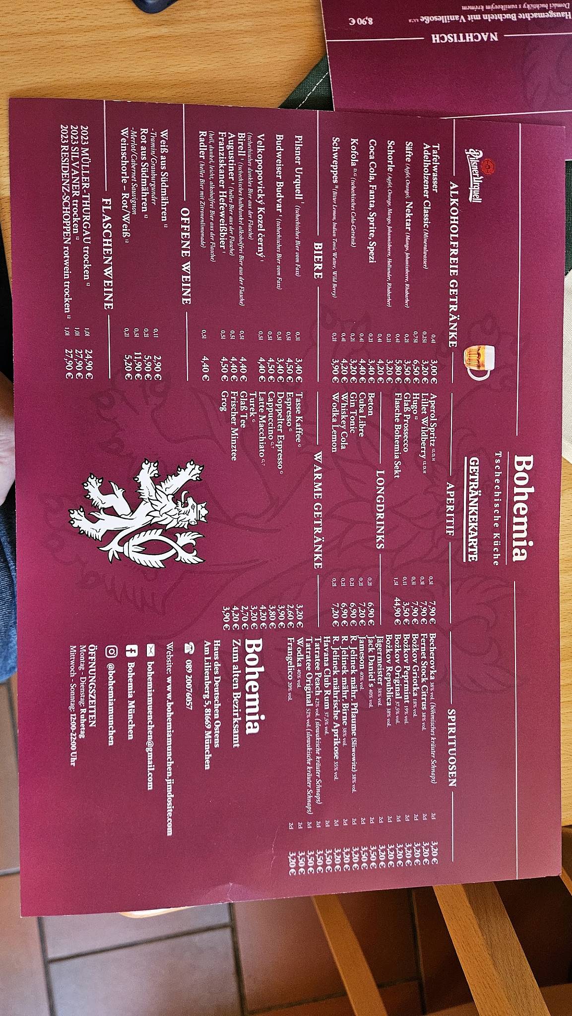 Speisekarte von Bohemia München (Tschechische Küche) restaurant, München