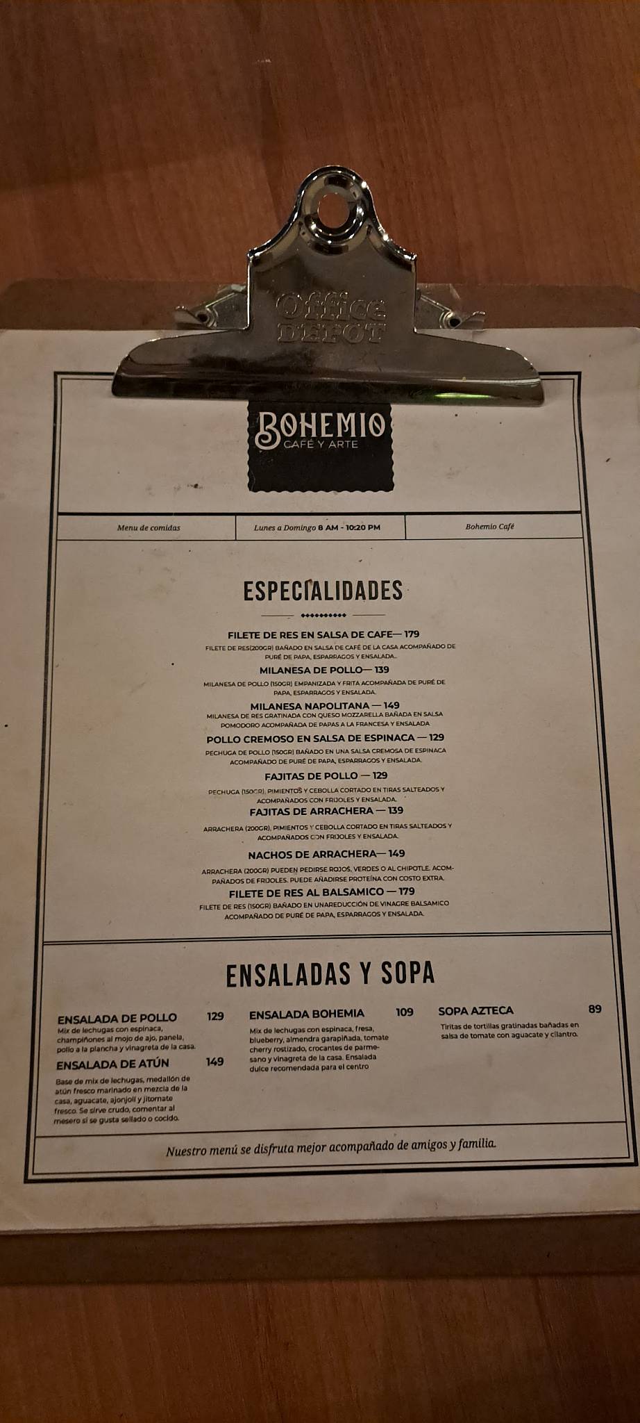 Carta de Bohemio Café y Arte, Tepic