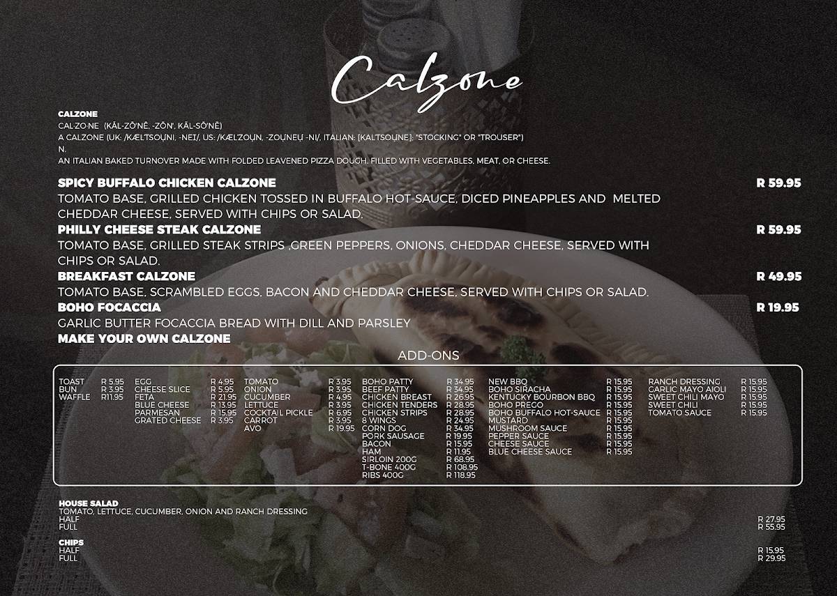 Menu at Boho Bistro restaurant, Bloemfontein