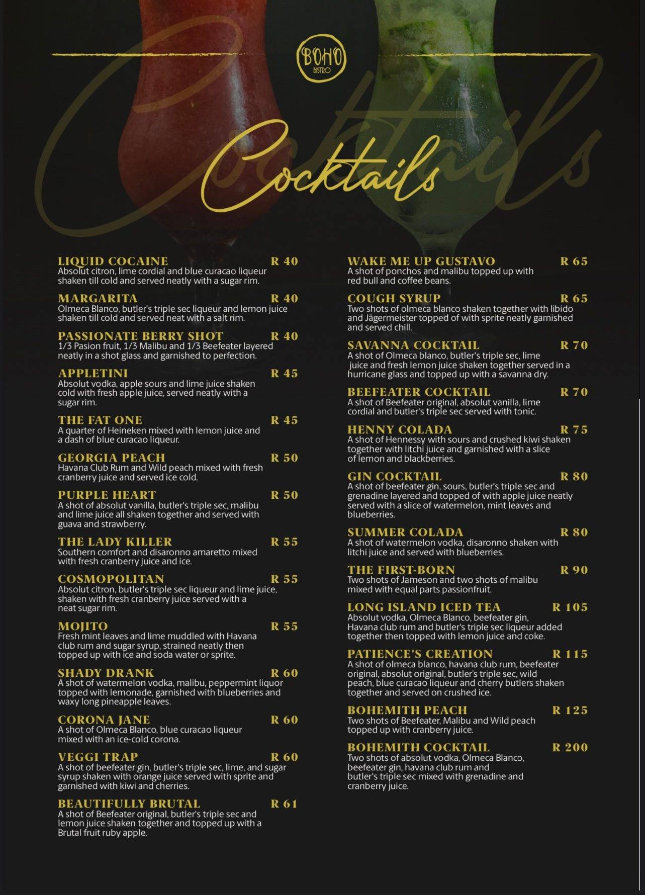 Menu at Boho Bistro restaurant, Bloemfontein