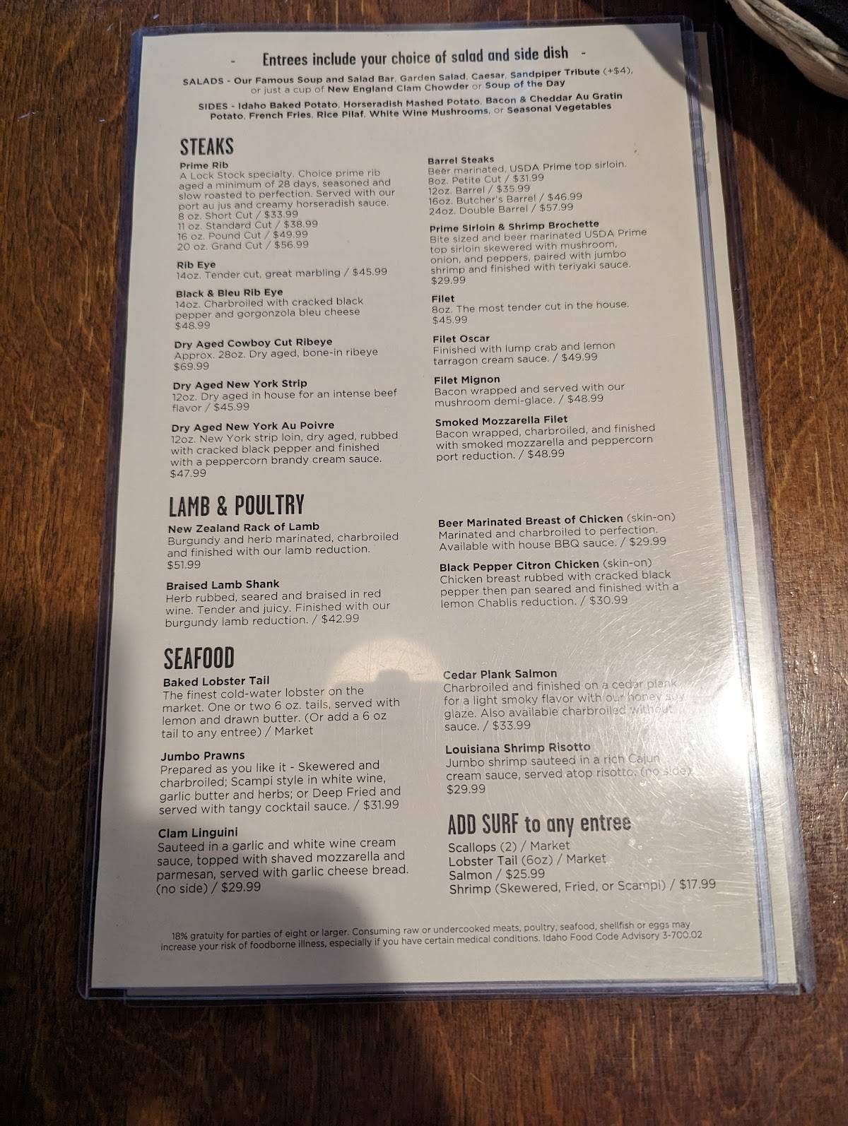 Menu at Lock Stock & Barrel, Boise