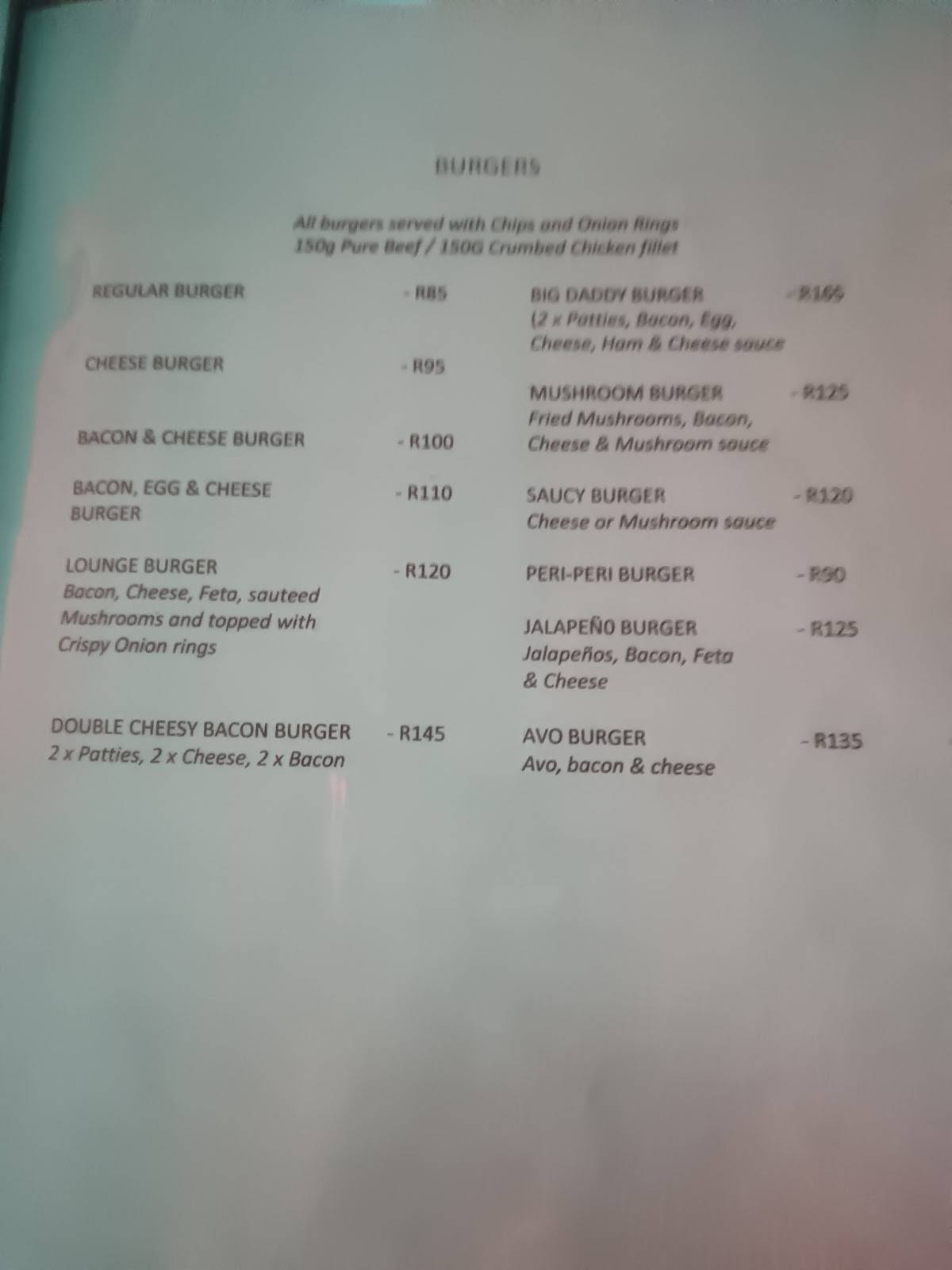 Menu at Bok Lounge & Grill pub & bar, Cape Town