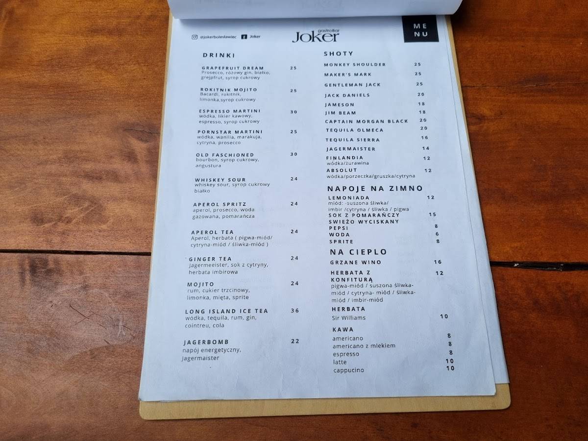 Menu at Gastrobar Joker, Boleslawiec