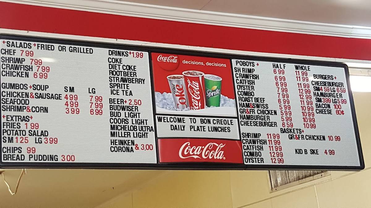Menu at Bon Creole restaurant, New Iberia