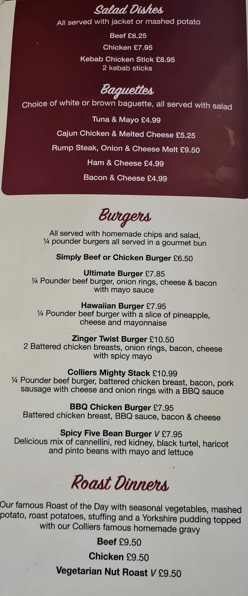 Menu at Colliers Arms pub & bar, Swansea