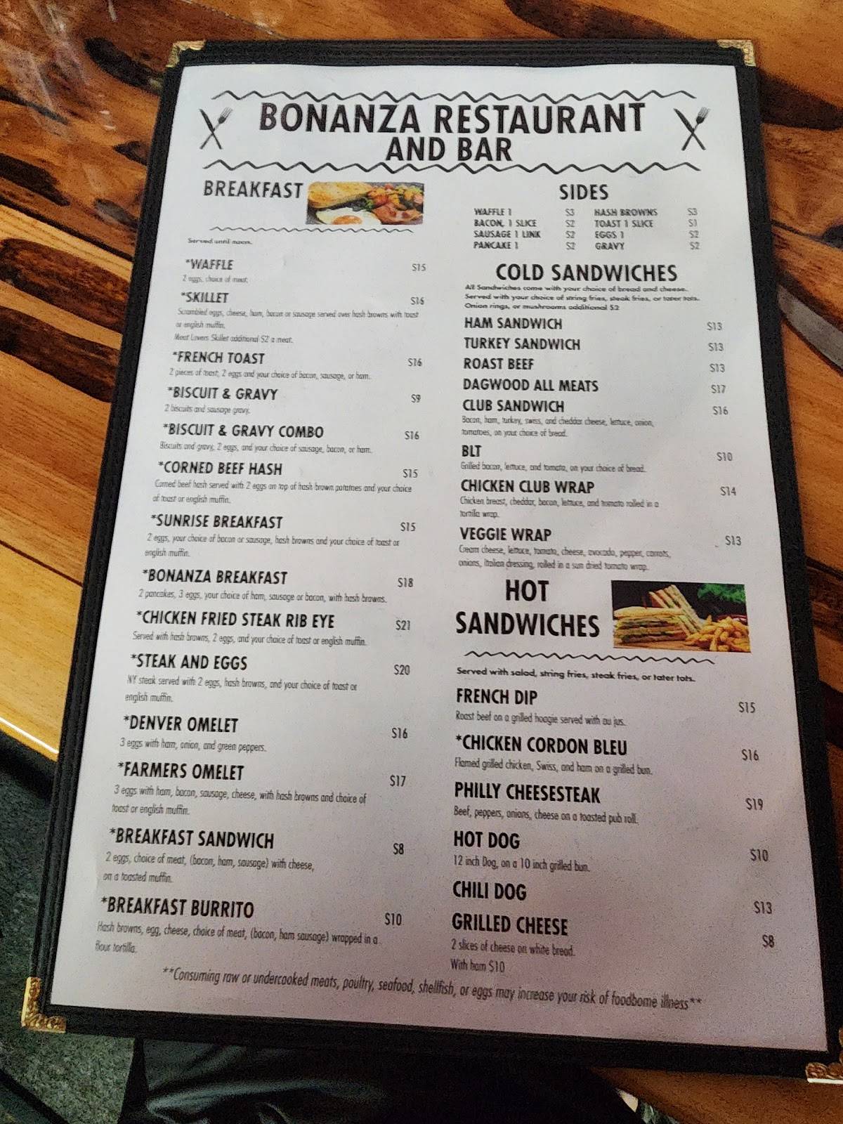 Menu at Bonanza Restaurant and Bar, Grand Ronde