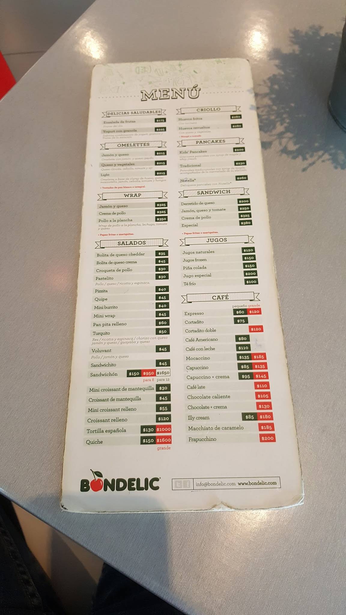 Carta del café Bondelic, Santo Domingo, Calle Heriberto Núñez # 28