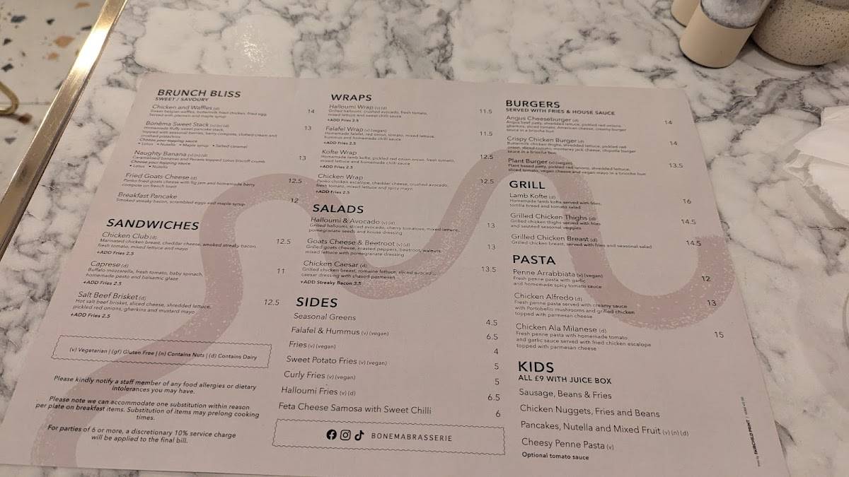 Menu at Bonêma Brasserie restaurant, Enfield