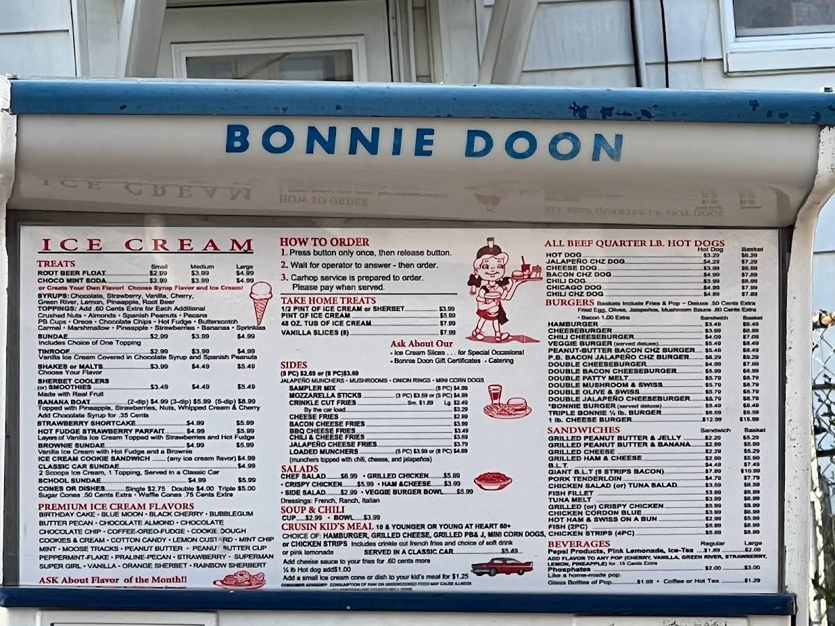 Menu at Bonnie Doon Drive-In restaurant, Mishawaka