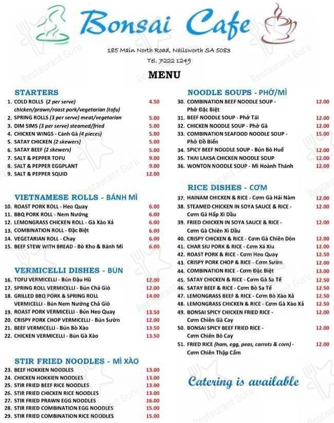 Menu at Bonsai Restaurant, Nailsworth