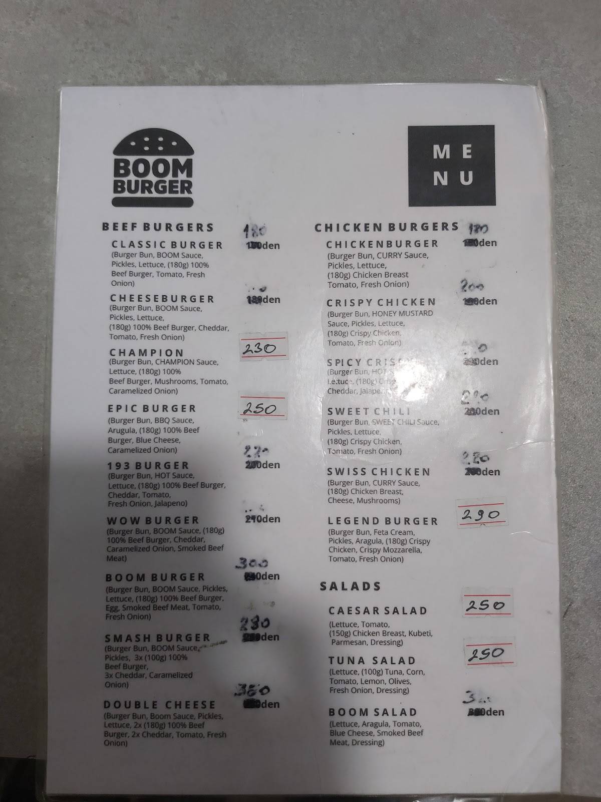 Menu at Boom Burger restaurant, Bitola