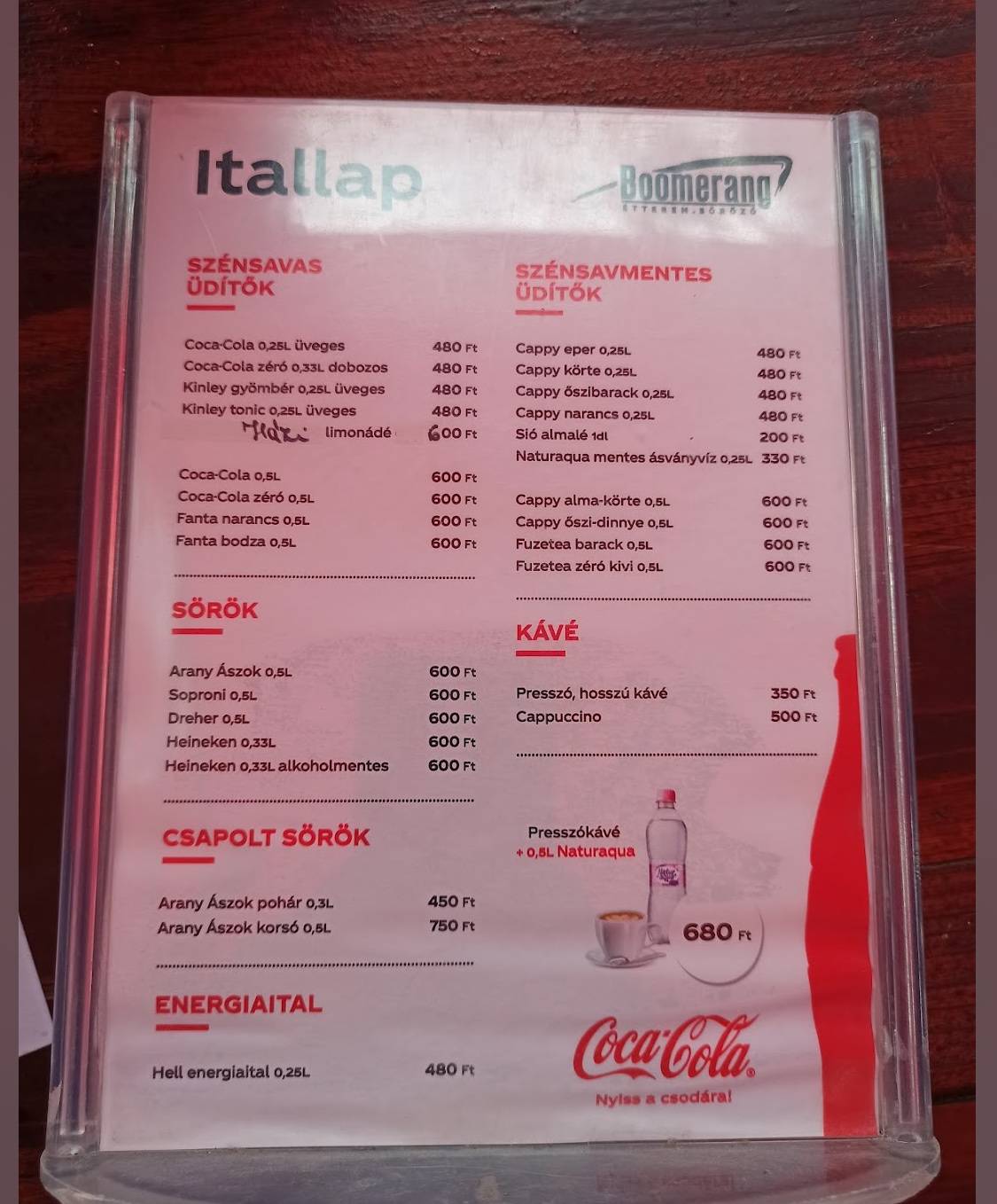 Menu at Boomeráng Étterem, Söröző restaurant, Siófok